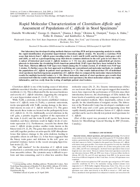 Pdf Rapid Molecular Characterization Of Clostridium Difficile And