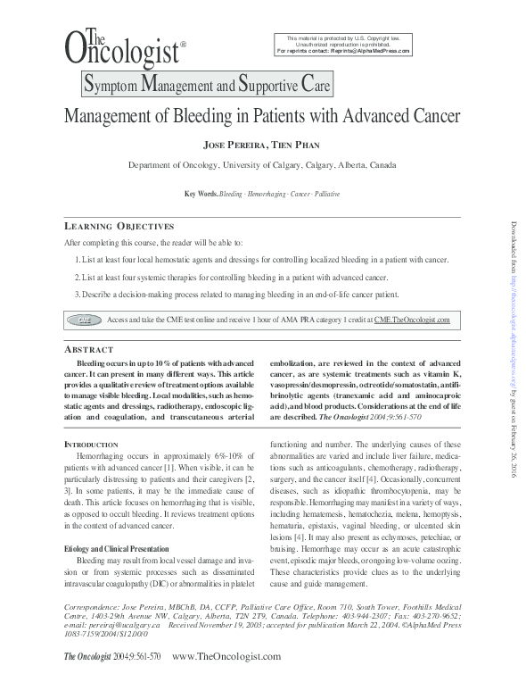 (PDF) Management of Bleeding in Patients with Advanced Cancer