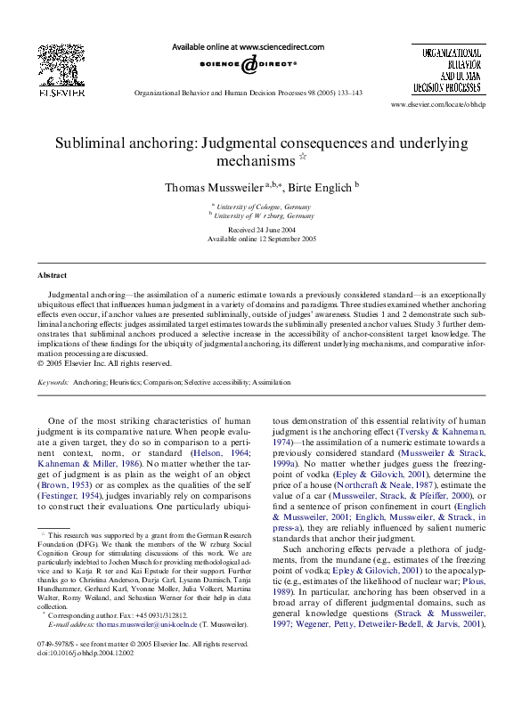 (PDF) Subliminal anchoring: Judgmental consequences and underlying ...