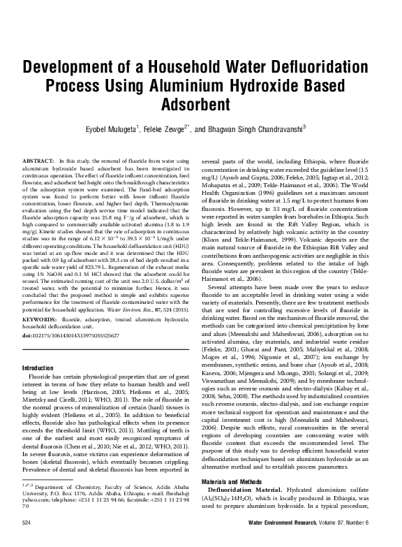 (PDF) Development of a Household Water Defluoridation Process Using ...