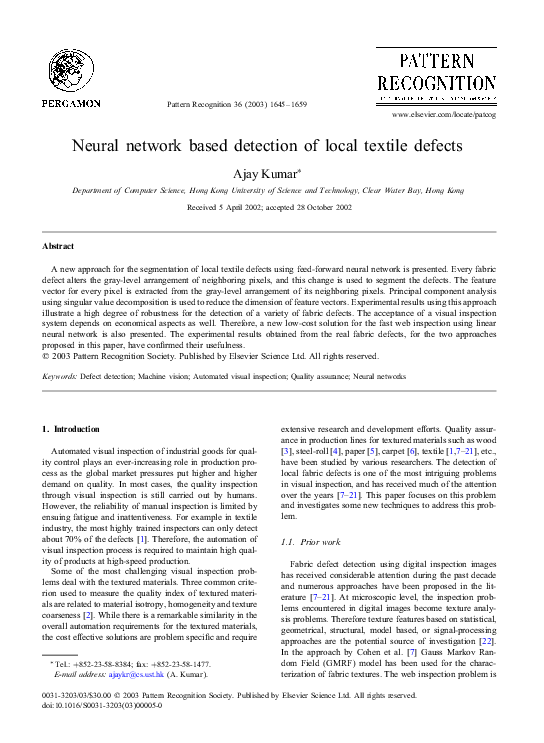 Pdf Neural Network Based Detection Of Local Textile Defects