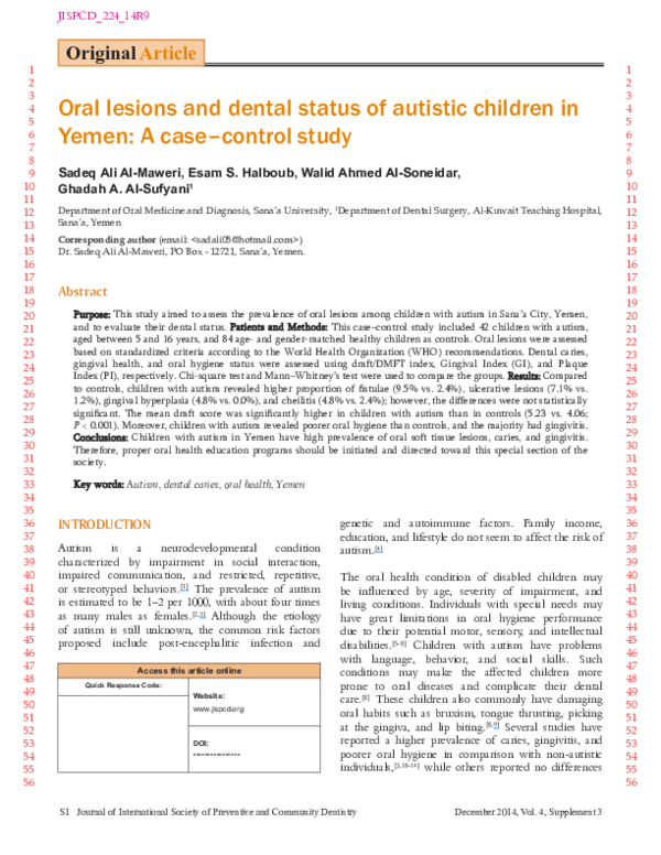 (PDF) Oral lesions and dental status of autistic children in Yemen: A ...