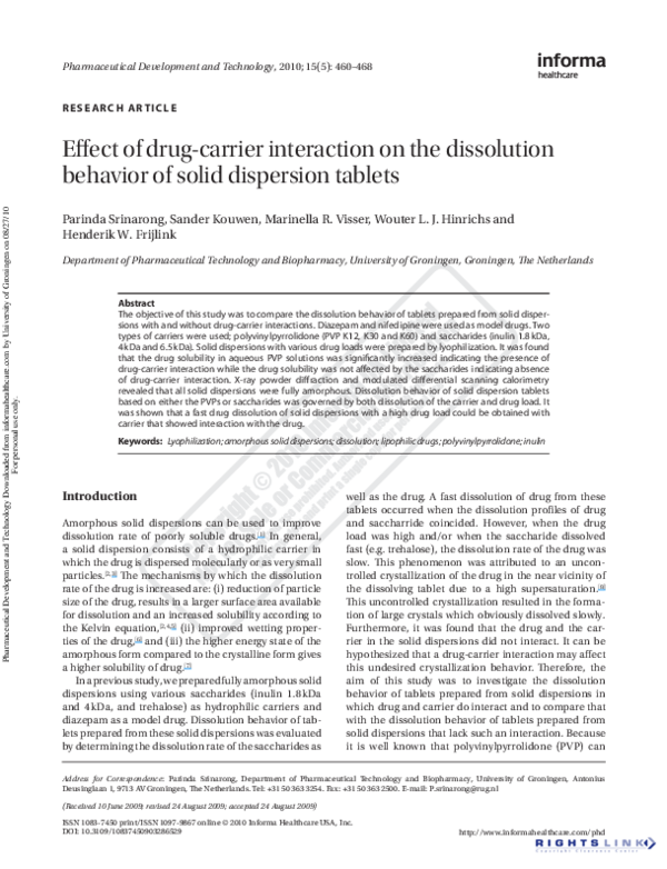 (PDF) Effect of drug-carrier interaction on the dissolution behavior of ...
