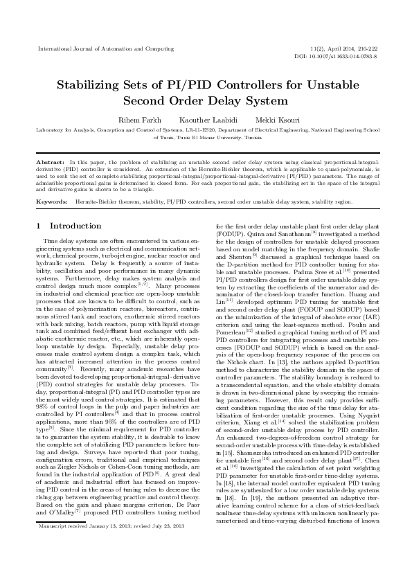 (PDF) Stabilizing sets of PI/PID controllers for unstable second order delay system