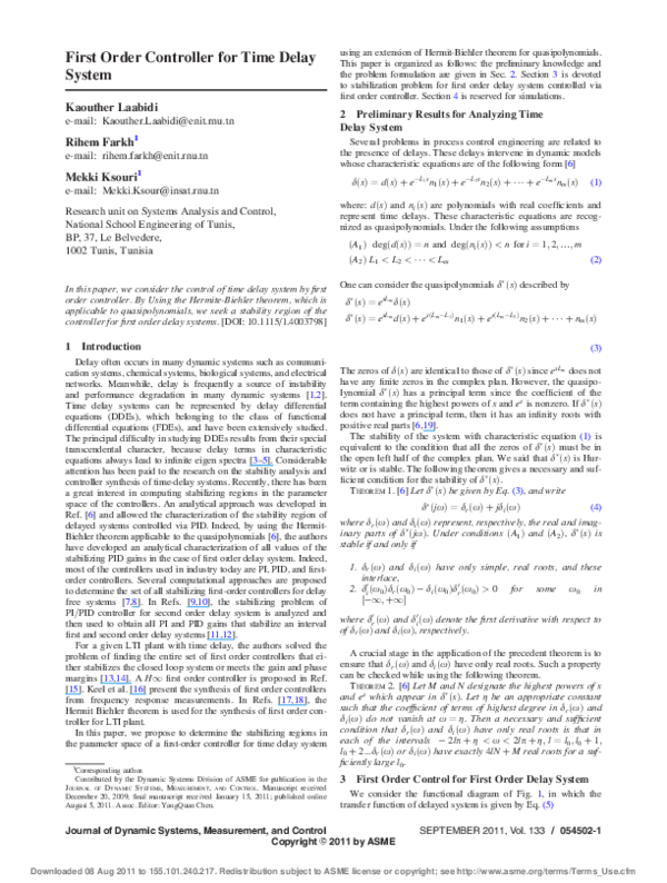 (PDF) First Order Controller for Time Delay System
