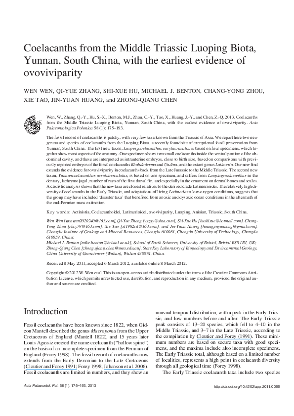 (PDF) Coelacanths from the Middle Triassic Luoping Biota, Yunnan, South ...