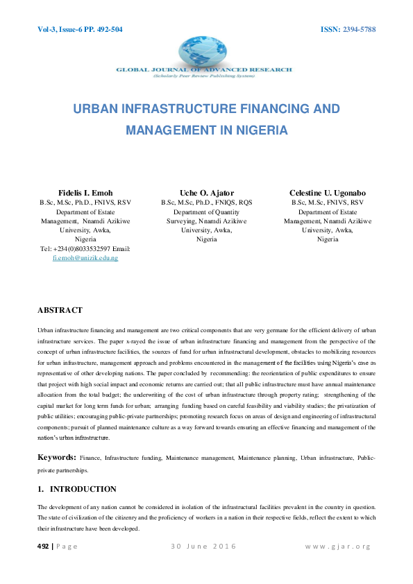 (PDF) URBAN INFRASTRUCTURE FINANCING AND MANAGEMENT IN NIGERIA