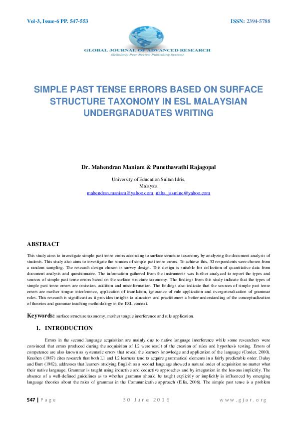 Pdf Simple Past Tense Errors Based On Surface Structure Taxonomy In Esl Malaysian