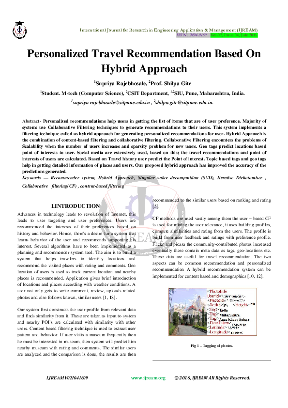 (PDF) Personalized Travel Recommendation Based On Hybrid Approach