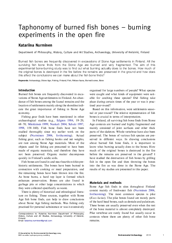 (PDF) Taphonomy of burned fish bones – burning experiments in the open fire