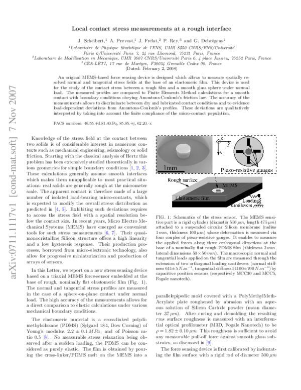 (PDF) Local Contact Stress Measurements at a Rough Interface