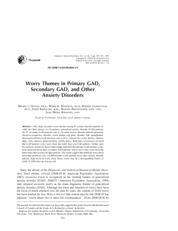 (PDF) Worry Themes in Primary GAD, Secondary GAD, and Other Anxiety ...