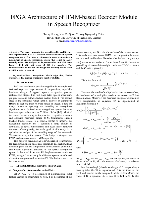 Pdf Hmm Decoder Fpga For Speech Recognition