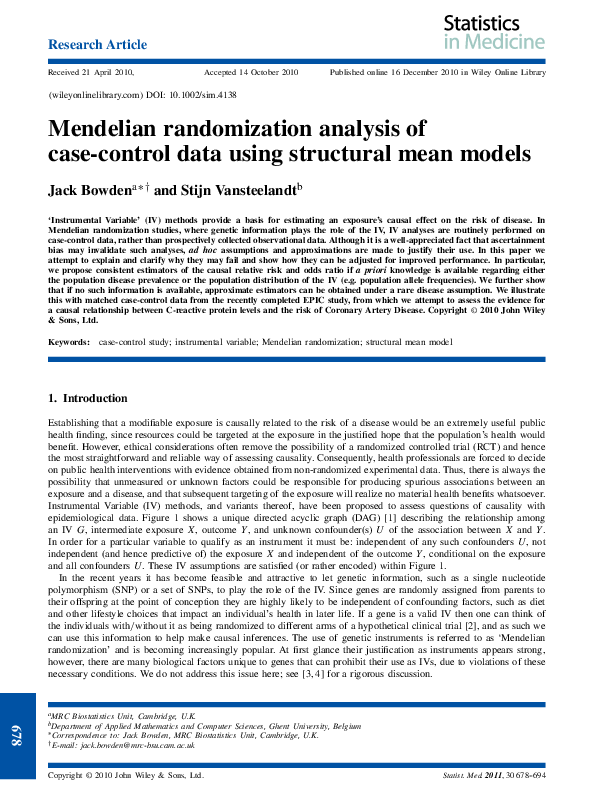 (PDF) Mendelian randomization analysis of case-control data using structural mean models