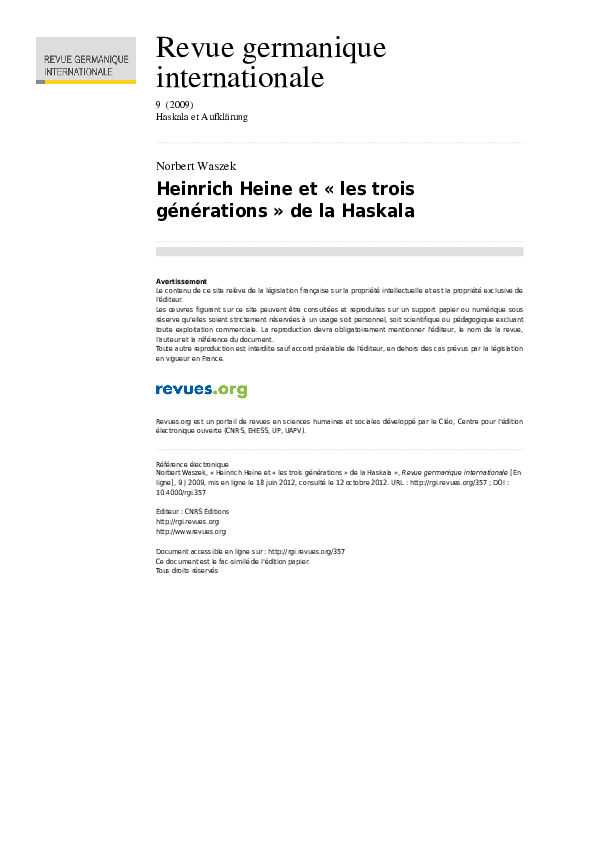 (PDF) Heinrich Heine et « les trois générations » de la Haskala