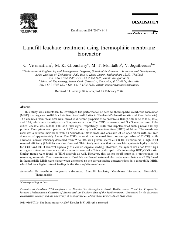 (PDF) Landfill leachate treatment using thermophilic membrane bioreactor