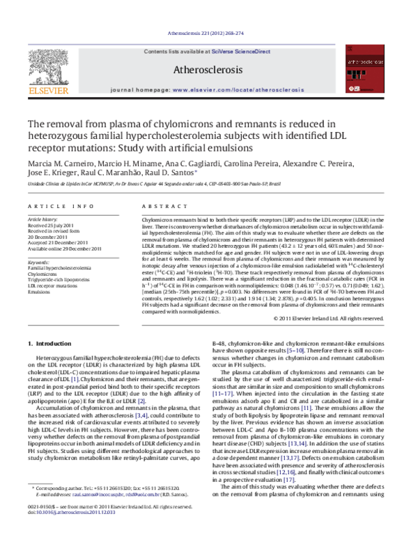 (PDF) The removal from plasma of chylomicrons and remnants is reduced ...
