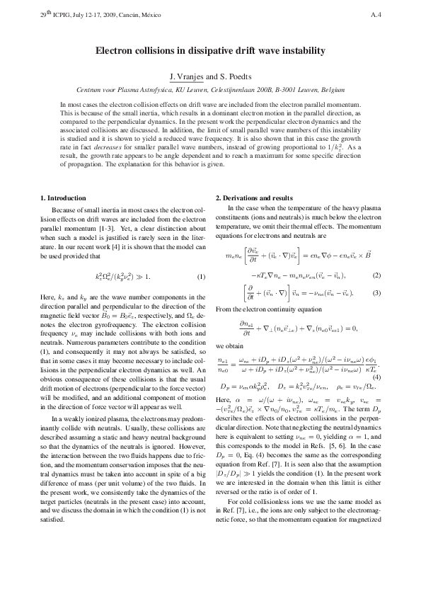 (PDF) Electron collisions in dissipative drift wave instability