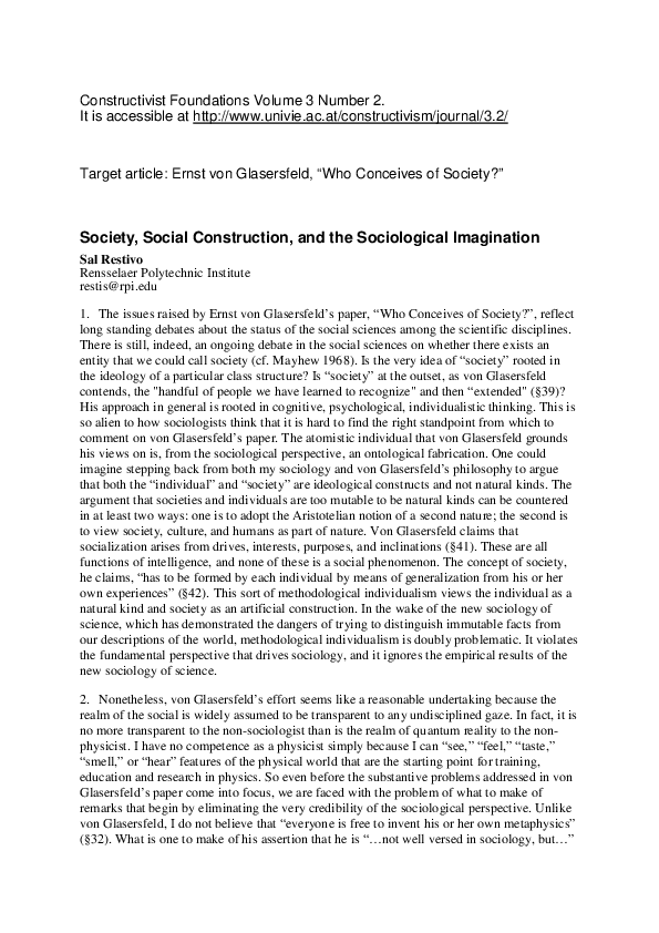 (PDF) Society, Social Construction, and the Sociological Imagination