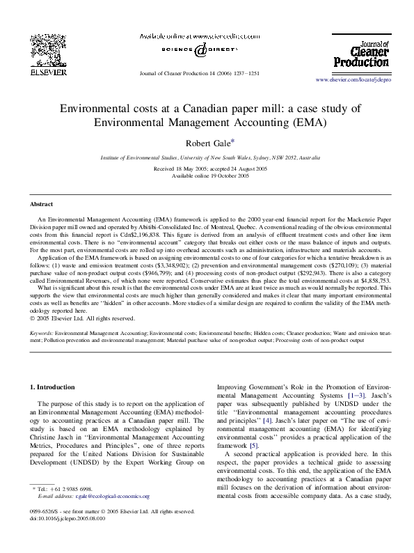 (PDF) Environmental costs at a Canadian paper mill: a case study of Environmental Management ...