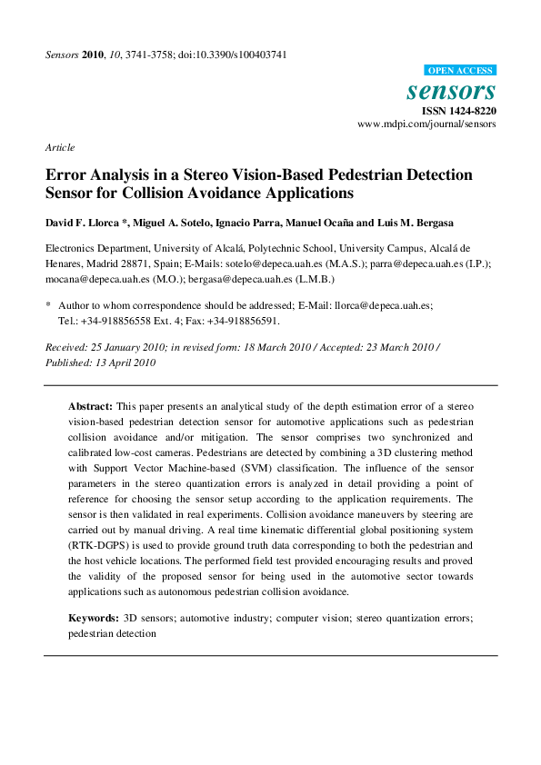 (PDF) Error Analysis in a Stereo Vision-Based Pedestrian Detection Sensor for Collision ...
