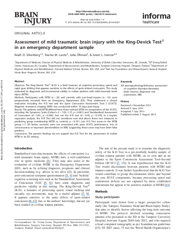 (PDF) Assessment of mild traumatic brain injury with the King-Devick ...
