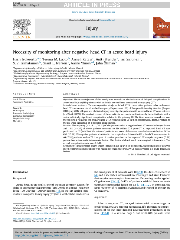 (PDF) Necessity of Monitoring after Negative Head CT in Acute Head Injury