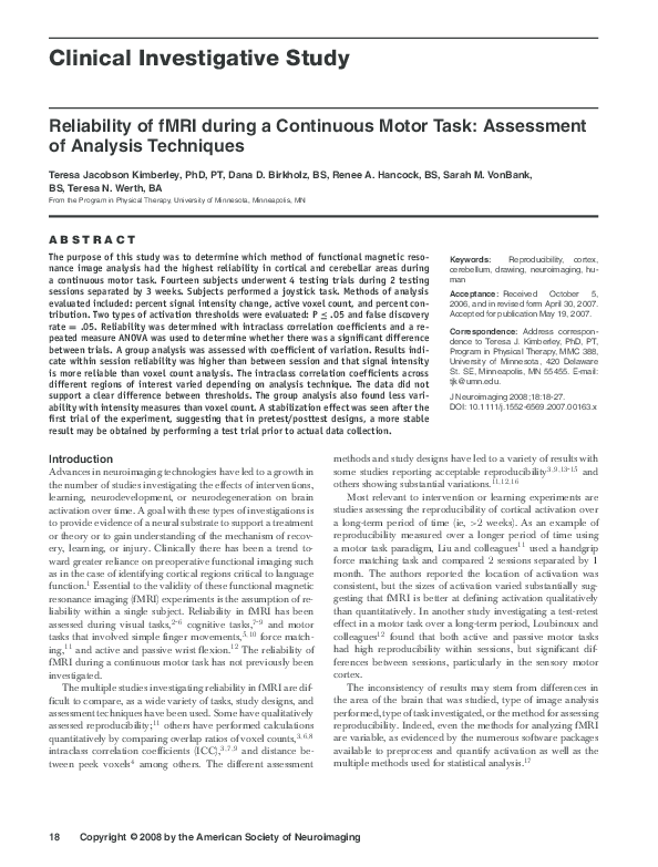 (PDF) Reliability of fMRI during a Continuous Motor Task: Assessment of Analysis Techniques