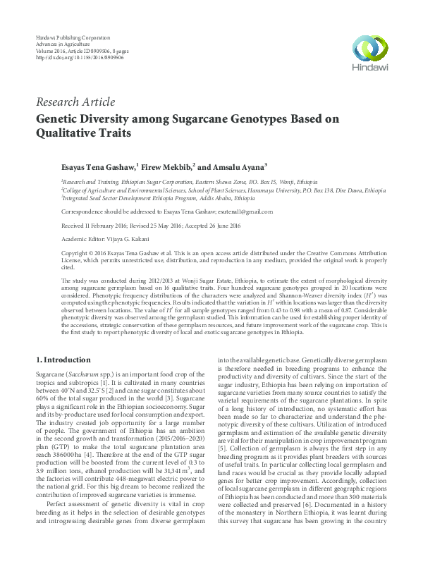 (PDF) Genetic Diversity among Sugarcane Genotypes Based on Qualitative Traits