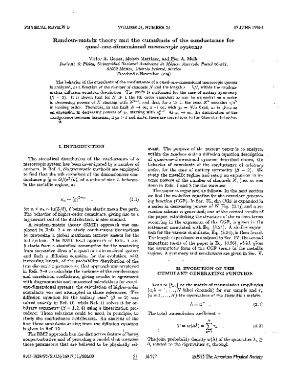 (PDF) Random-matrix theory and the cumulants of the conductance for quasi-one-dimensional ...