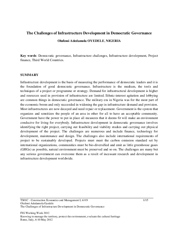 (PDF) The challenges of infrastructure Development in Democratic Governance