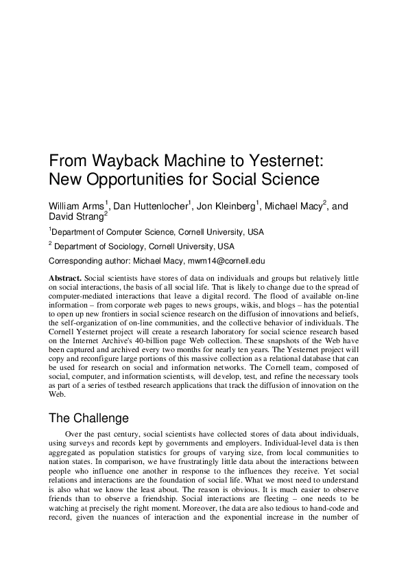 (PDF) From Wayback Machine to Yesternet: New opportunities for social ...