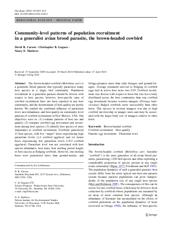 Pdf Community Level Patterns Of Population Recruitment In A Generalist Avian Brood Parasite