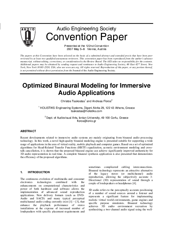 (PDF) Optimized Binaural Modeling for Immersive Audio Applications