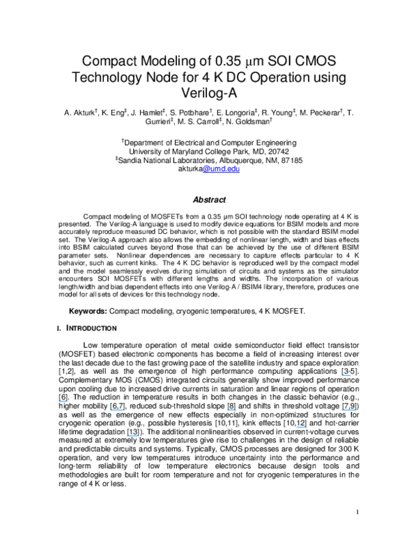 (PDF) Compact modeling of 0.35 μm SOI CMOS technology node for 4 K DC operation using Verilog-A