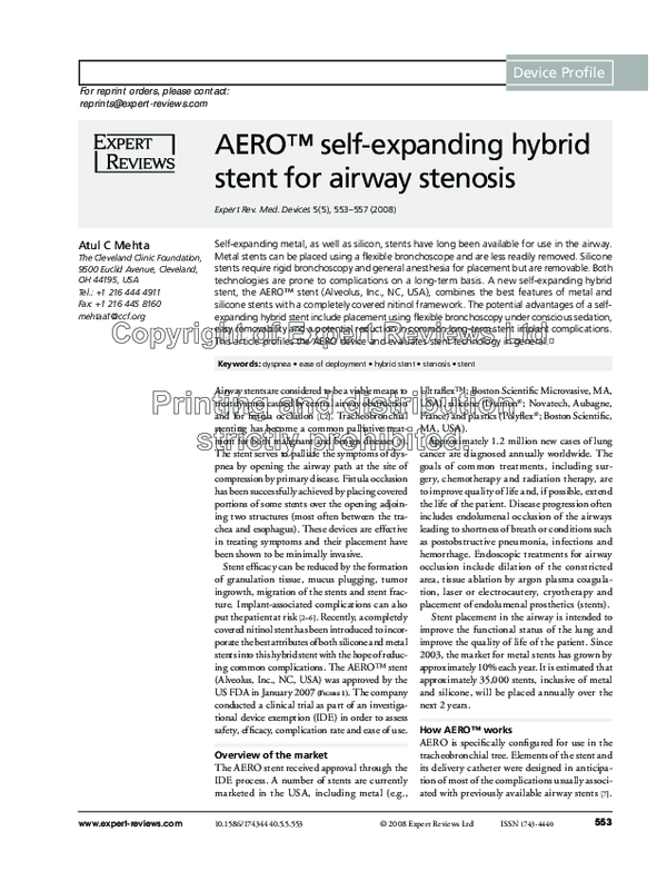 (PDF) AERO™ self-expanding hybrid stent for airway stenosis | ATUL ...