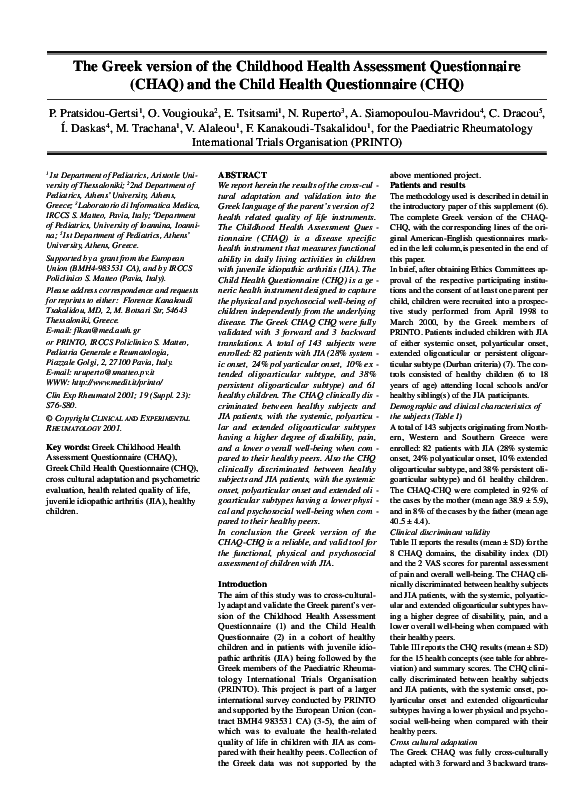 (PDF) The Greek version of the Childhood Health Assessment ...