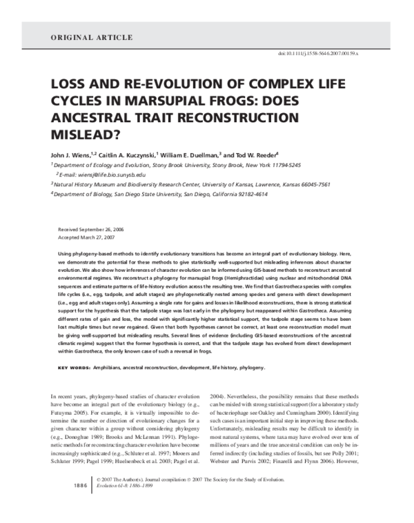 (PDF) Loss and Re-Evolution of Complex Life Cycles in Marsupial Frogs: Does Ancestral Trait ...