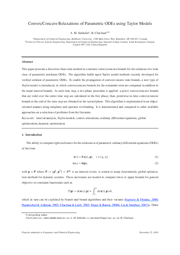 (PDF) Convex/concave relaxations of parametric ODEs using Taylor models