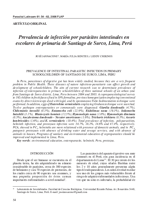 (PDF) Prevalencia de infección por parásitos intestinales en escolares ...