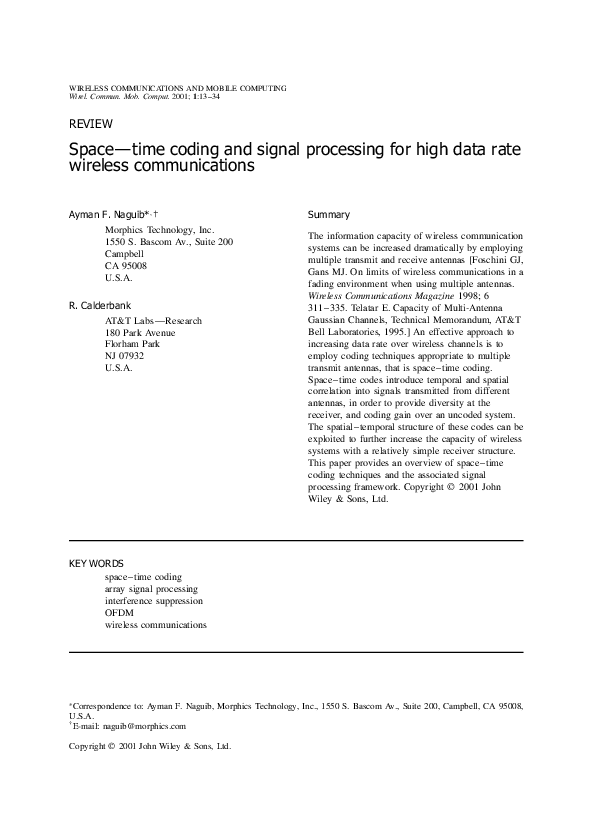 Pdf Space Time Coding And Signal Processing For High Data Rate