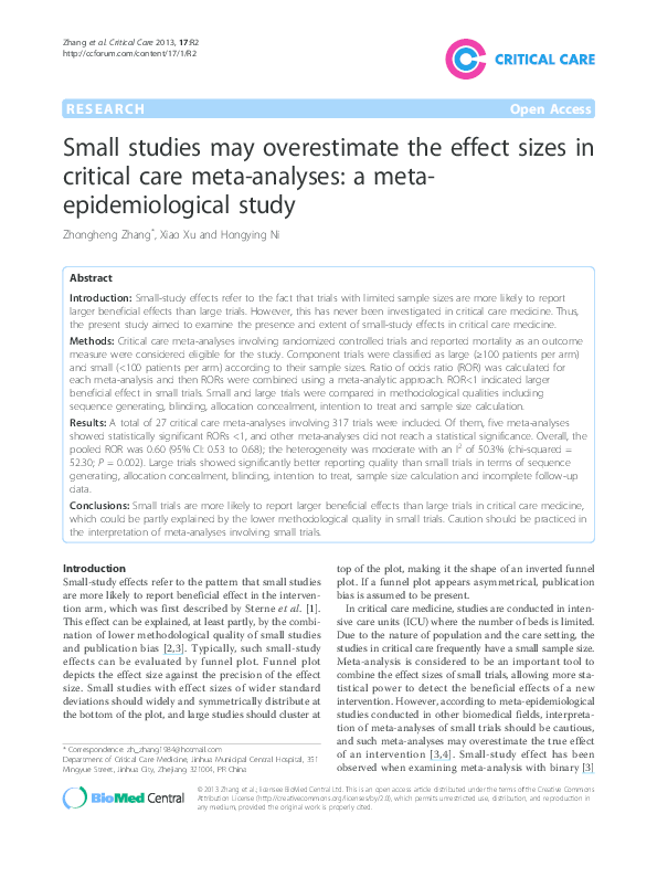 (PDF) Small studies may overestimate the effect sizes in critical care meta-analyses: a meta ...