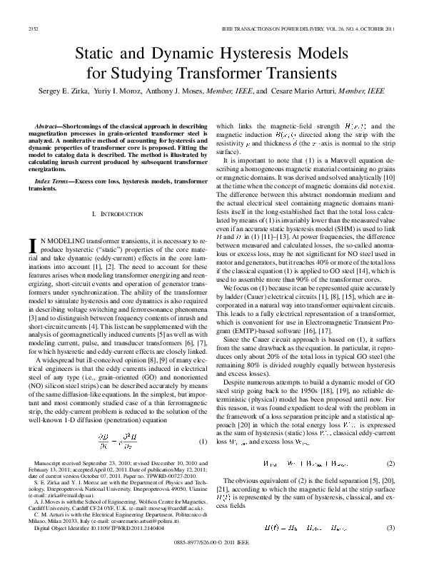 (PDF) Static and Dynamic Hysteresis Models for Studying Transformer ...