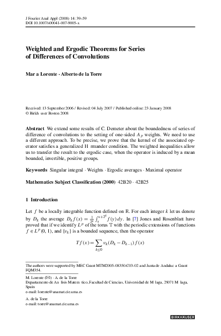 (PDF) Weighted and Ergodic Theorems for Series of Differences of Convolutions