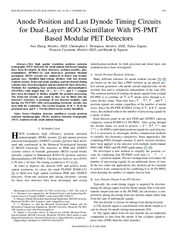 Pdf Anode Position And Last Dynode Timing Circuits For Dual Layer Bgo