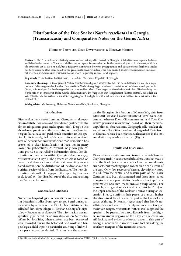 (PDF) Distribution of the Dice Snake (Natrix tessellata) in Georgia ...