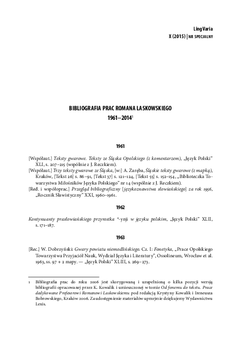 (PDF) Roman Laskowski - bibliografia 1961-2014 [LingVaria X (2015) | NR ...