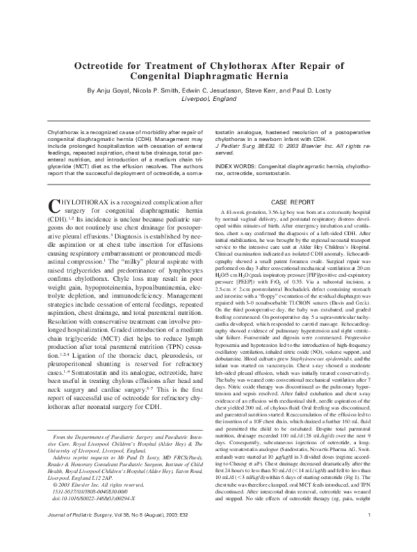 (PDF) Octreotide for treatment of chylothorax after repair of ...