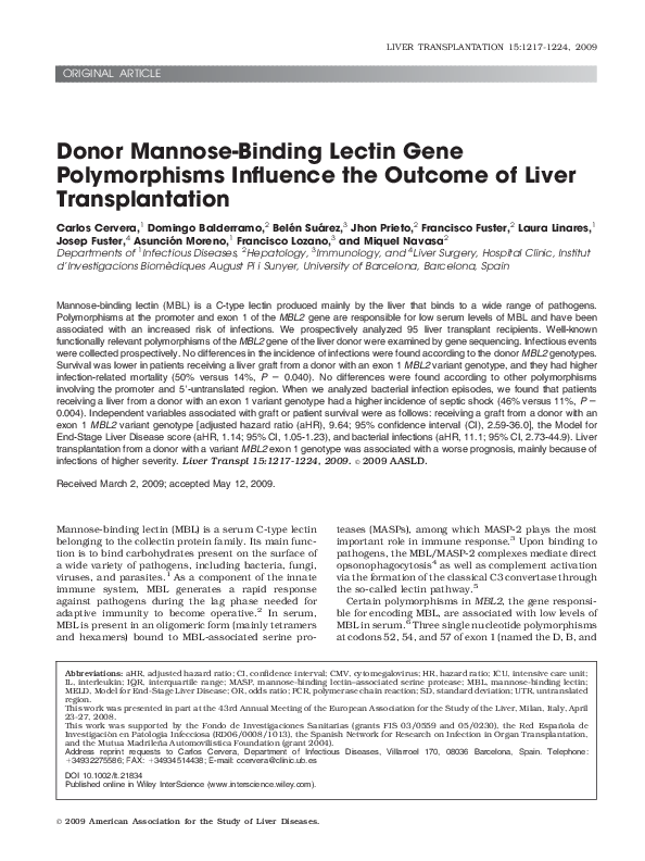 Pdf Donor Mannose Binding Lectin Gene Polymorphisms Influence The Outcome Of Liver Transplantation