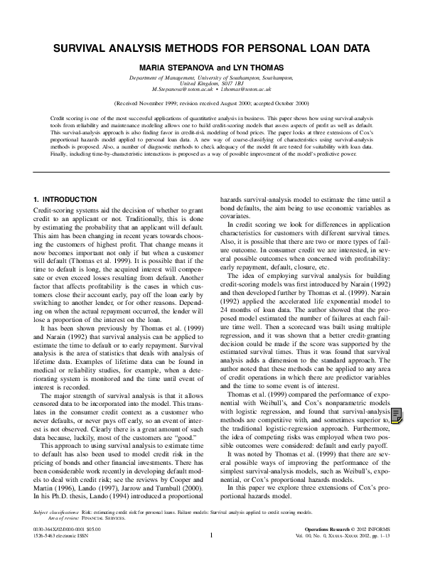 (PDF) Survival Analysis Methods for Personal Loan Data